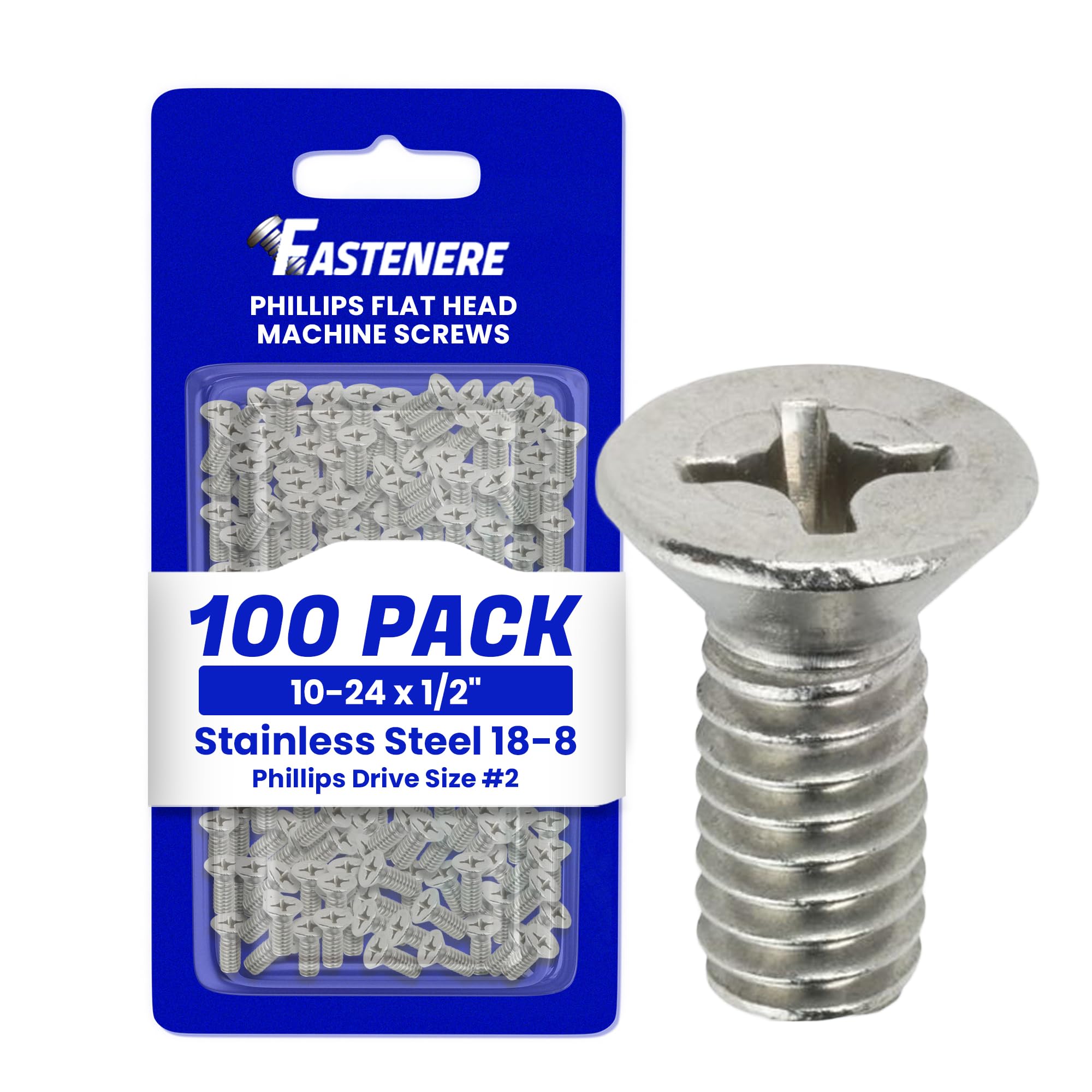 10-24 x 1/2" Flat Head Machine Screws, Phillips Drive, Stainless Steel 18-8, Full Thread, Bright Finish, Machine Thread, Quantity 100 by Fastenere