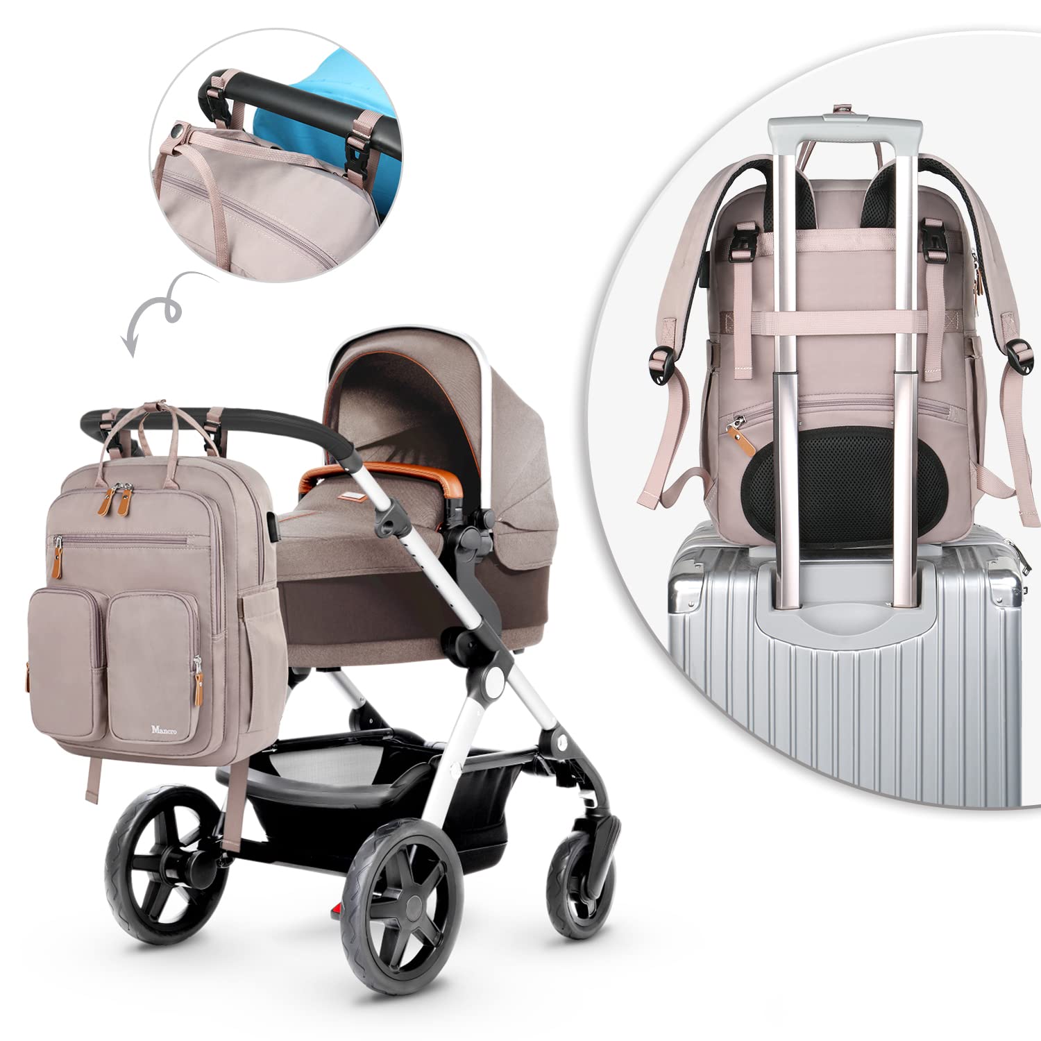 Mancro Diaper Bag Backpack, Large Bady Bag, Multifunction Maternity Baby Nappy Bag for Dad & Mom with Changing Pad, USB Charging Port, Insulated Pockets, Laptop Pocket and Stroller Straps