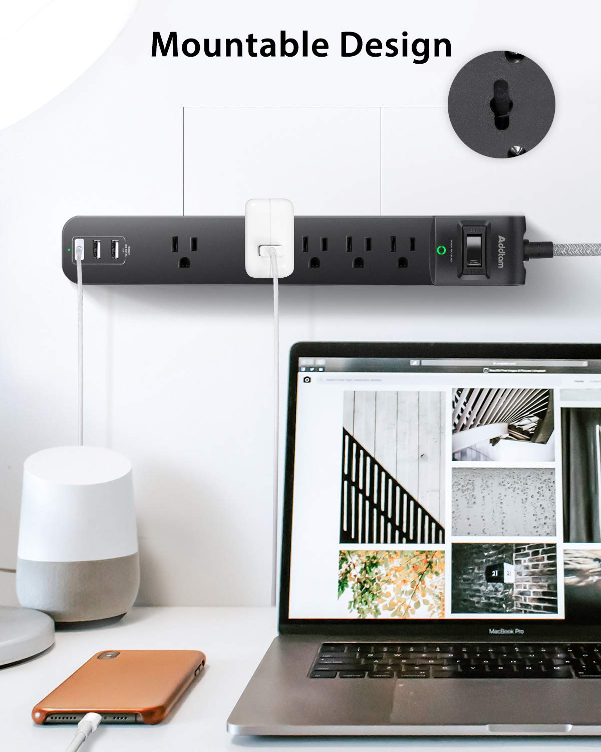 10 Ft Power Strip Surge Protector- 5 Outlets 3 USB Ports, Flat Plug Braided Extension Cord, Overload Surge Protection, Wall Mount for Hotel, Home and Office.