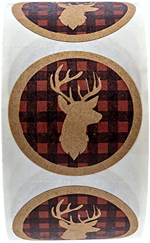 1.5" Round Kraft Buffalo Plaid Deer Head Holiday Label / 500 Northwoods Christmas Holiday Seal