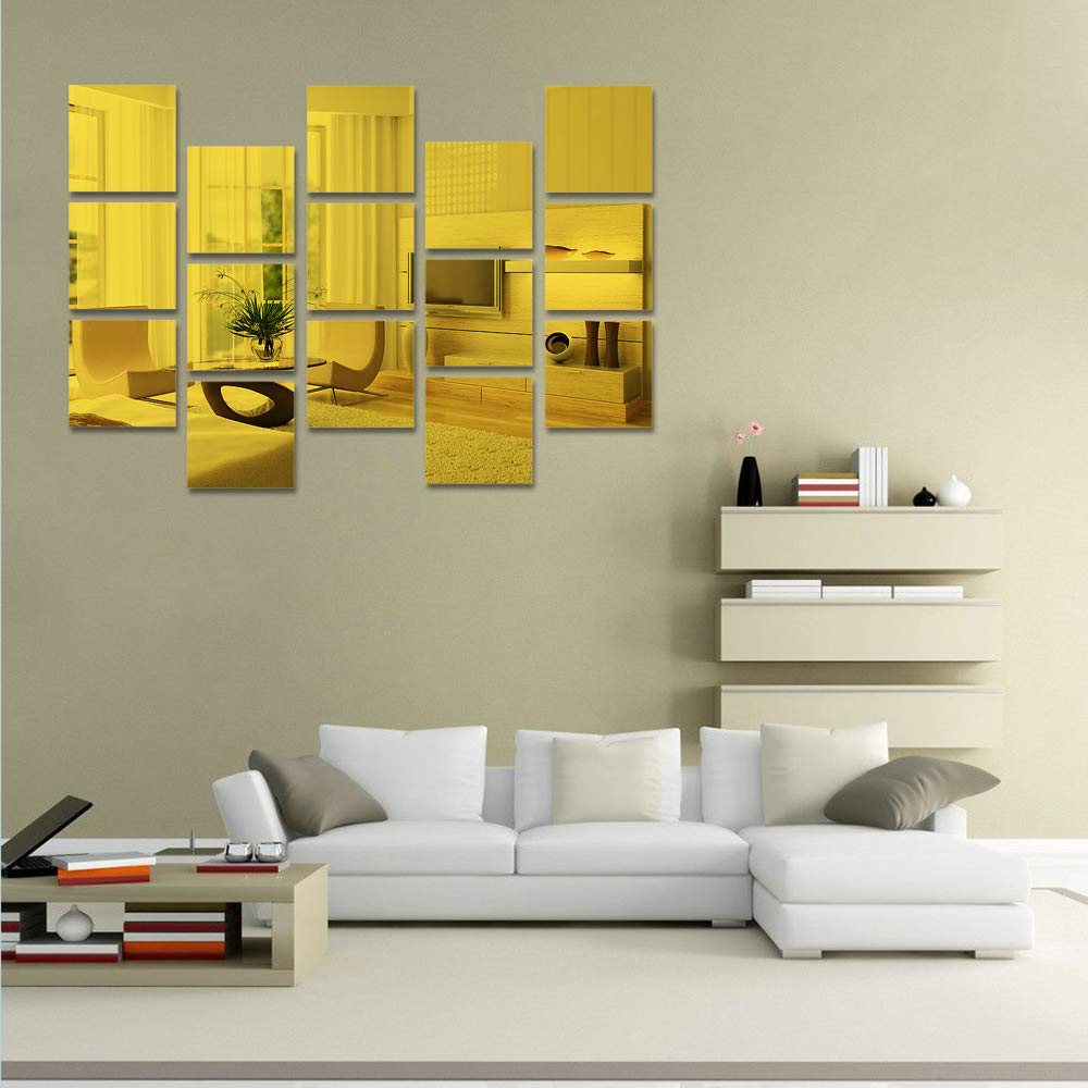 15 Pieces 6in Square Acrylic Mirror Sticker Sheet, Self Adhesive Golden Mirror Wall Decor, Removable Wall Stickers for Bathroom Living Room Bedroom Decal (Gold)