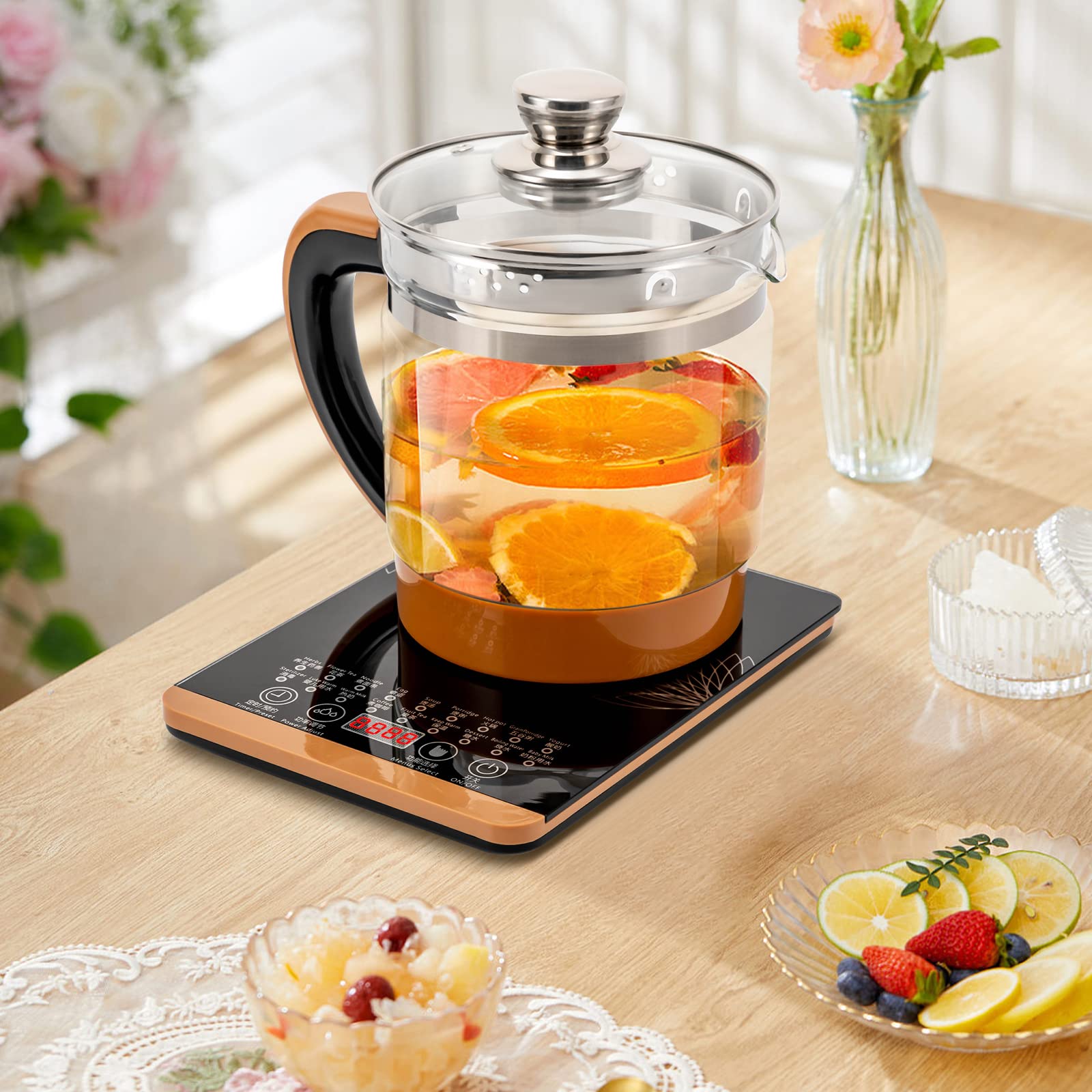 1.8L 800W Electric Glass Kettle with Digital Panel Heating Base, 1* Stainless Steel Tea Strainer, 1* Steamed Eggs Holder, 12 Common Tea Brewing Modes, Clear, Brown