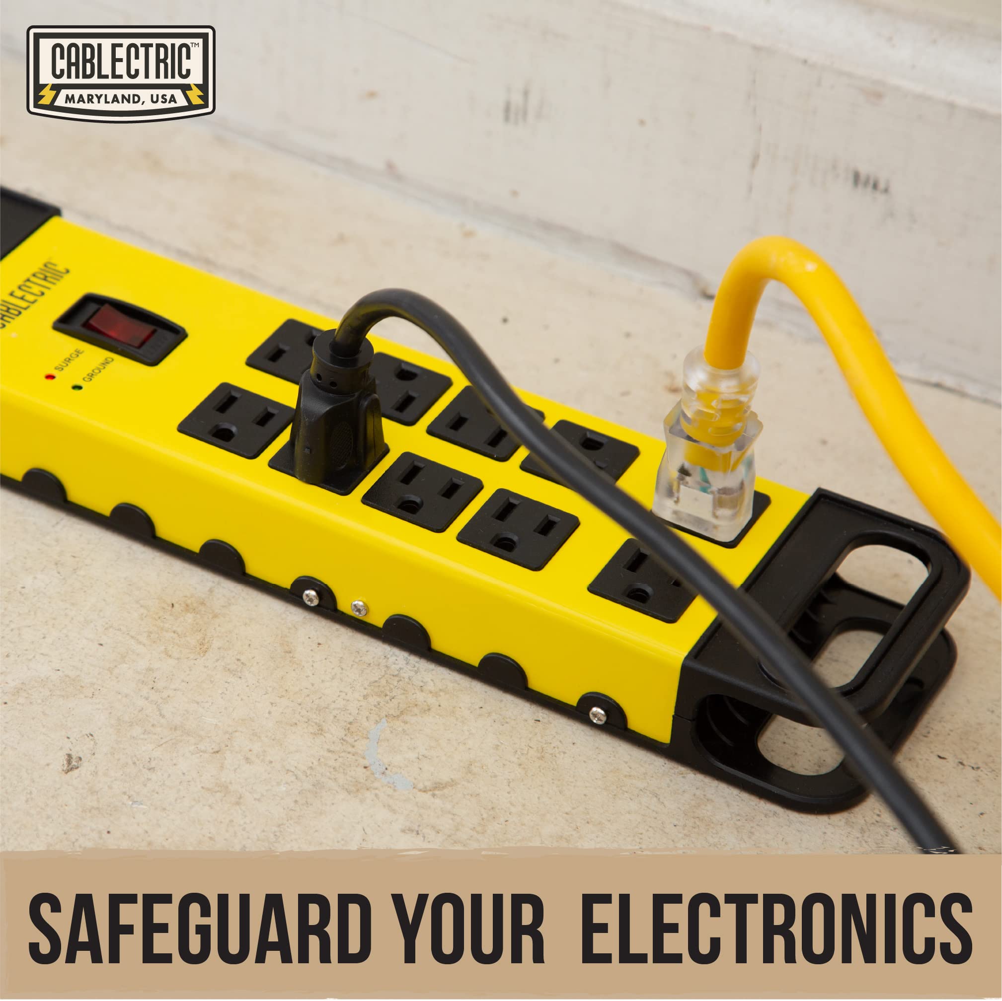 10 Outlet Heavy Duty Surge Protector Power Strip - Industrial Black and Yellow Metal Surge Protector with 15 Foot Extension Cord | Cablectric is an American Owned Brand