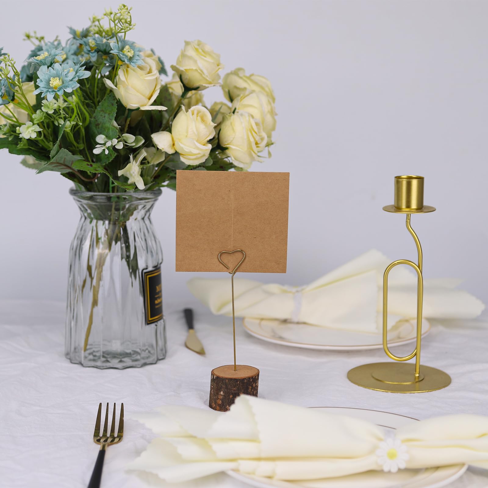 10 PCS Rustic Wood Place Card Holder Table Number Holders with Kraft Cards Table Stands with Heart Shape Wire Clips for Photo Wedding Party Centerpiece Restaurant Decorations Table Setting