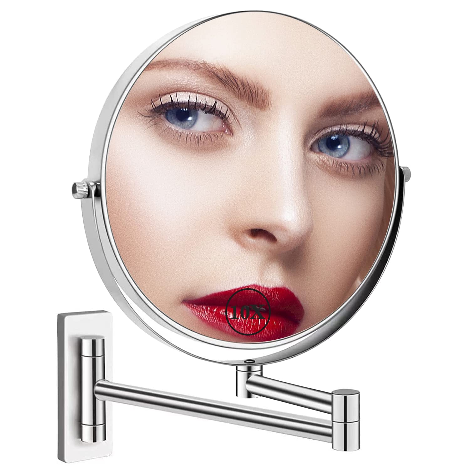MIRRORMORE 8â Large Wall Mounted Makeup Mirror, Two-Sided 1X/10X Magnifying Mirror Extendable Long Arm, 360°Swivel Flexible HD Shower Mirror Fogless for Shaving, Fully Senior Nickel Bathroom Mirror