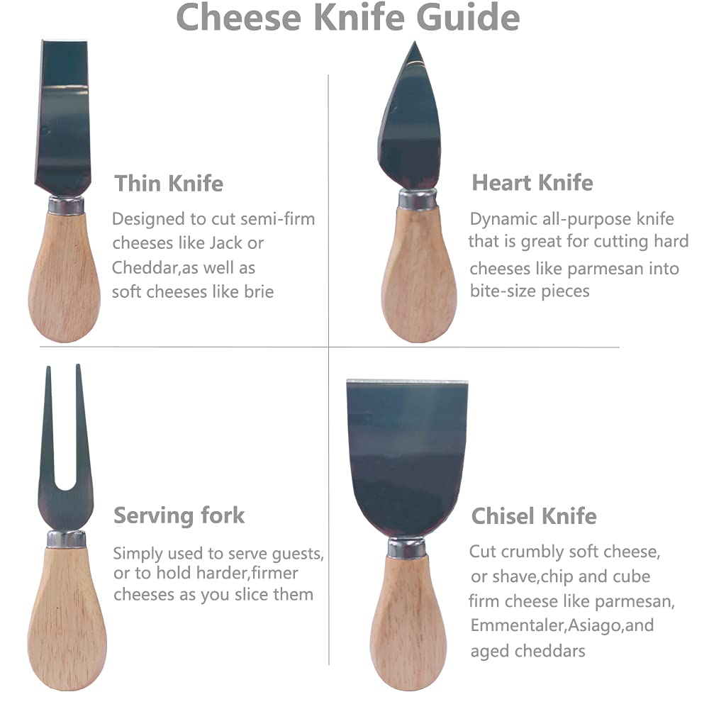 4 Piece Cheese Knives Set with Wooden Handle, Cheese Fork, Mini Stainless Steel Cheese Knife for Charcuterie Board and Cheese Spread, for Cheese Slicer and Butter Cutter