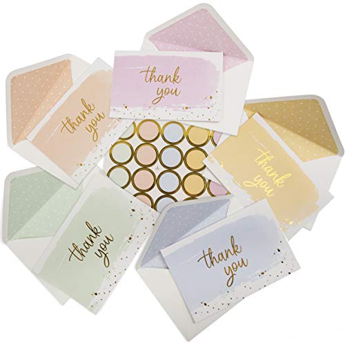 100 Watercolor & Gold Foil Thank You Cards w/Envelopes & Stickers, Bulk Boxed Set Assortment of Modern & Pretty Pastel Rainbow Notes, Assorted Unique & Elegant Cards Pack for Wedding/Baby Shower