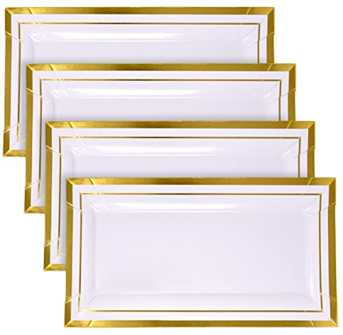 10 White Rectangle Trays with Gold Rim Border for Elegant Dessert Table Serving Parties 14" X 7.5" Heavy Duty Disposable Paper Cardboard for Platters Cupcake Display Birthday Party Weddings Food Safe