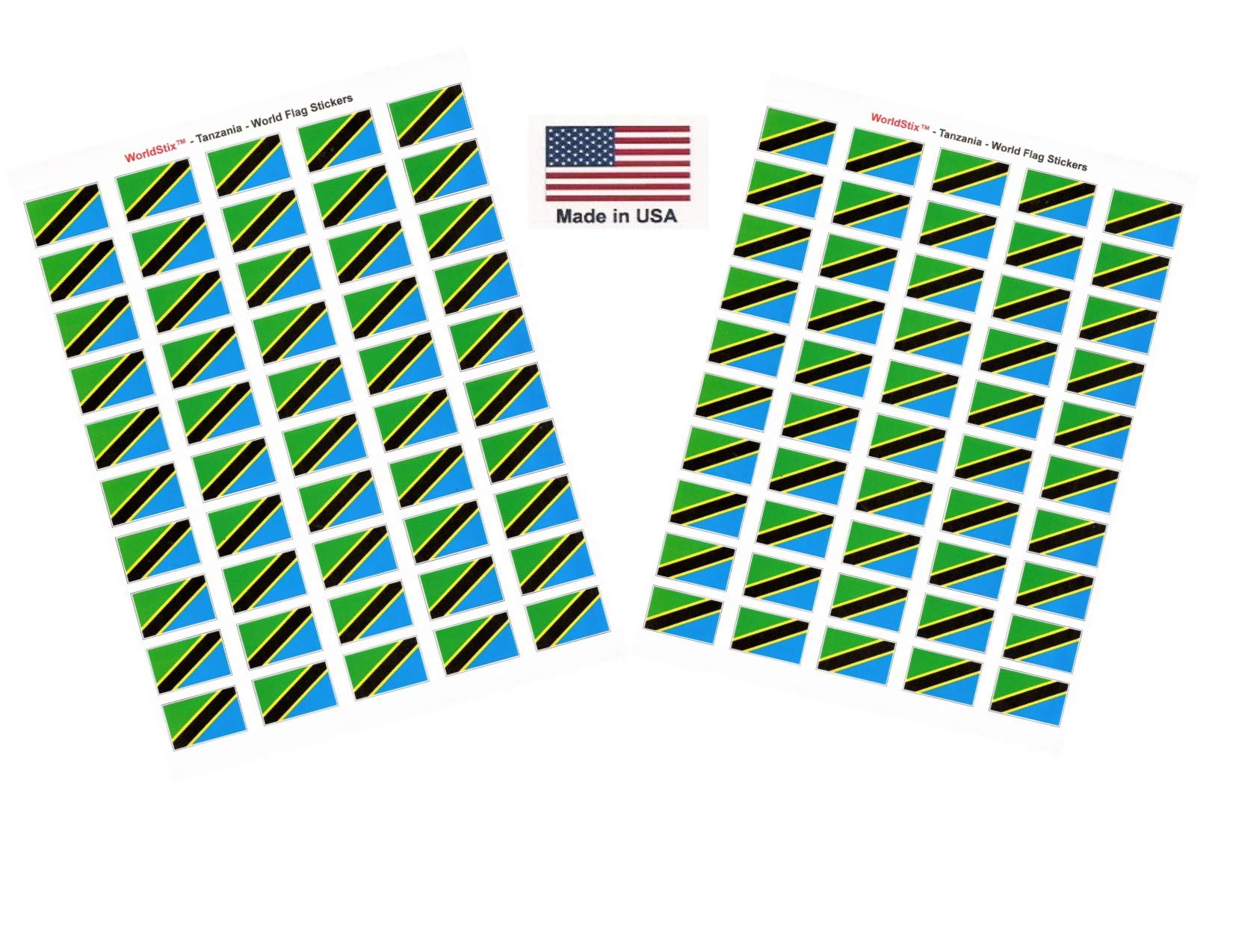 100 Tanzania Flag Stickers; American Made Decals Measure 1.5" x 1" & are Self Adhesive; Two Sheets of 50, 100 Sticker Flags Total