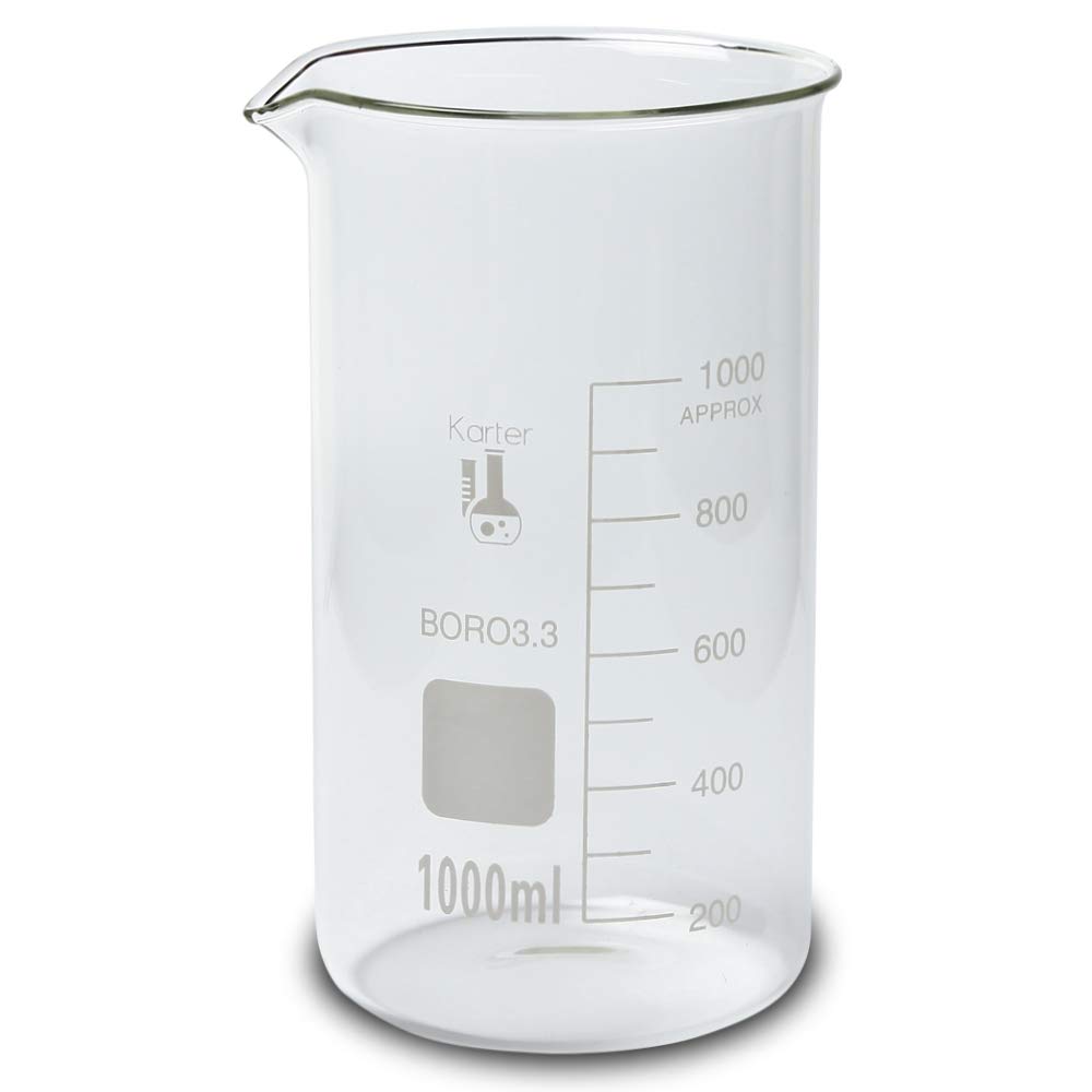 1000ml Beaker, Tall Form, 3.3 Borosilicate Glass, Double Scale, Graduated, Karter Scientific 213F15 (Single)