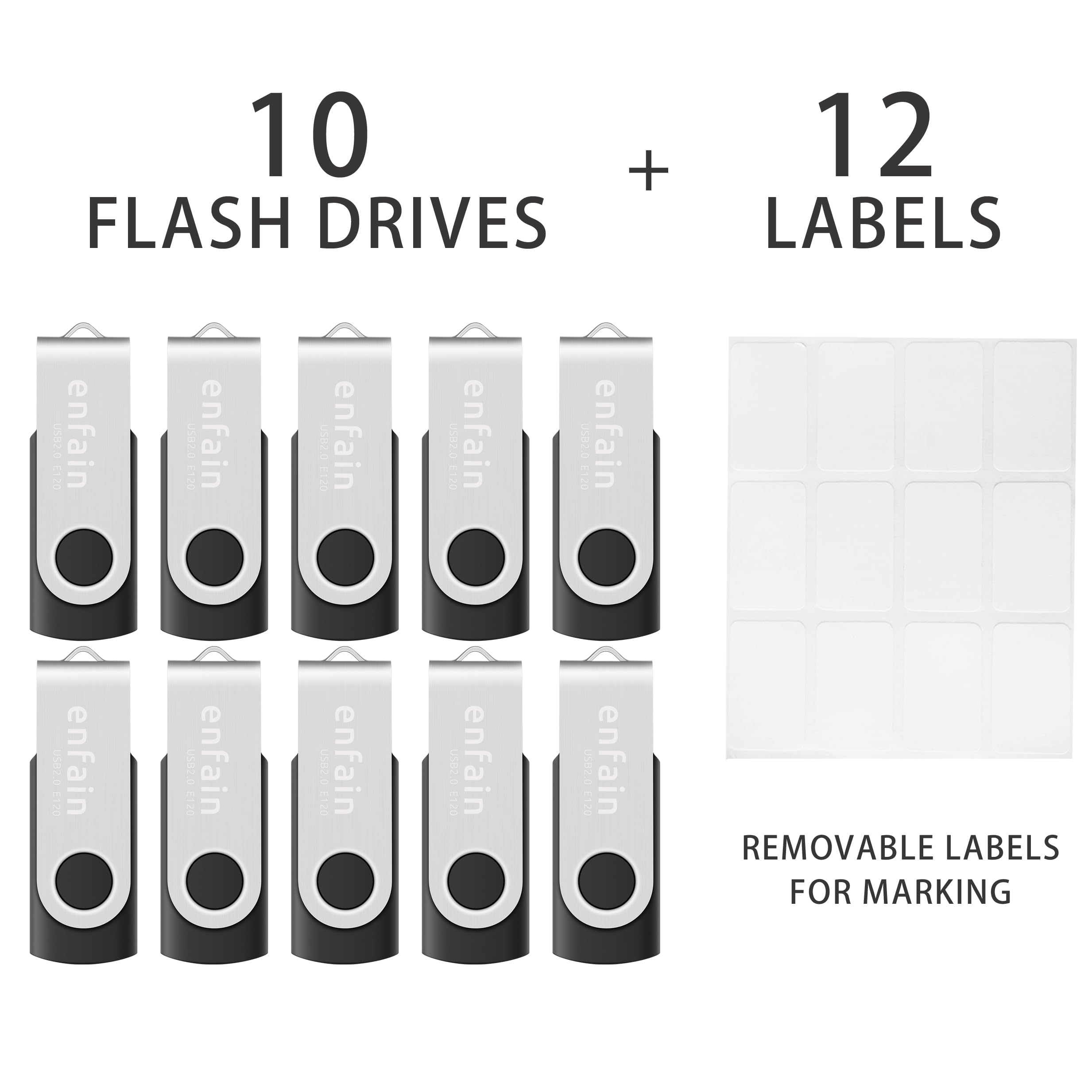 10-Pack Enfain 16GB USB 2.0 Swivel Flash Drives: Shareable Data Storage for Home & Office Use (Black)