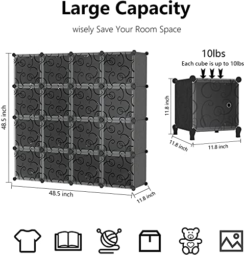 16 Cubby Clothes Storage Shelves, Cube Plastic Closet Organizer with Doors, 12" × 12" Modular , Portable Closet Wardrobe for Bedroom, Home, Black (4 × 4 Cubes)