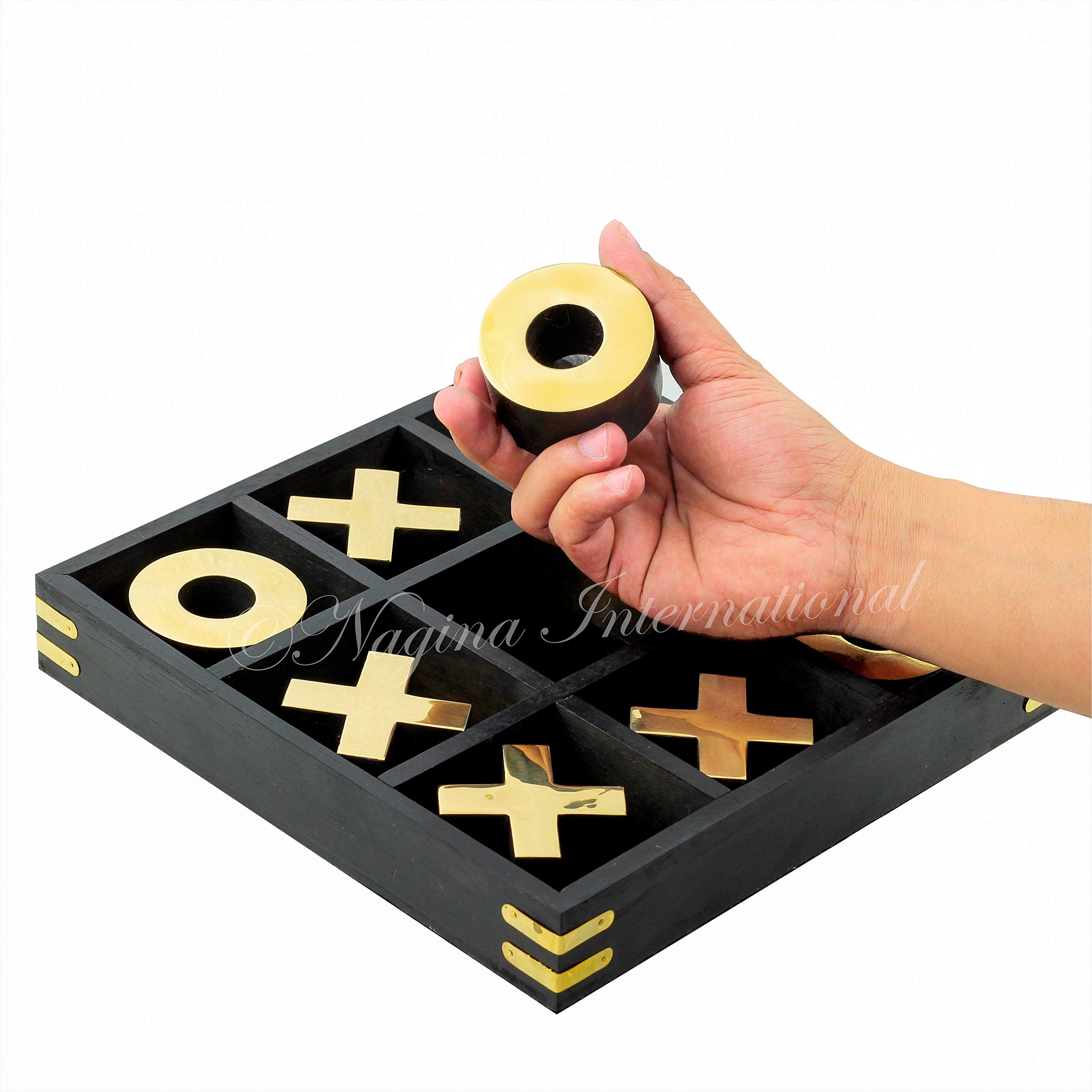 10" Large Elegant Premium Black Tic Tac Toe Board Game | Wooden Puzzle Game | Coffee Table Wooden Decor & Games | Lightweight Gold Plated Pieces