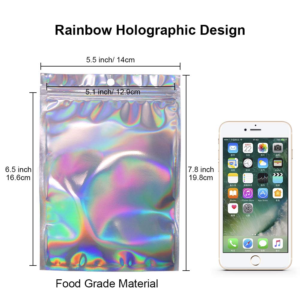 100pcs Resealable Holographic Mylar Bags 5.5x7.8 inch, Foil Zip Sample Pouch Gift Baggies For Packaging Candy Jewelry Lash Lip Gloss