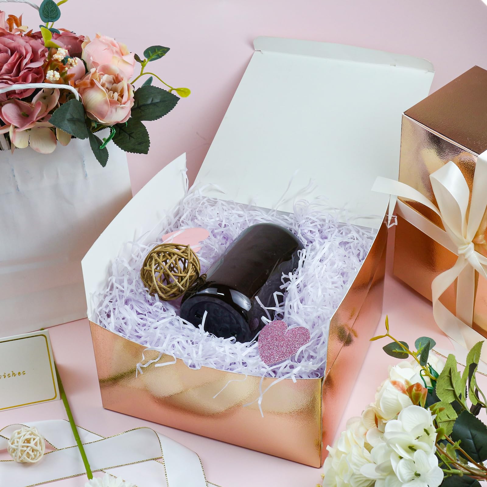10 Pack Gift Boxes Rose Gold 8x8x4 Inches, Bridesmaid Proposal Gift Box Set with Ribbon，Paper Gift Box with Lids for Wedding Present, Cupcake Boxes, Birthday Party Favor, Engagements and Christmas