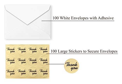 100 Thank You Cards in Black with Envelopes and Stickers - Quality Elegant Bulk Notes Embossed with Gold Foil Letters for Weddings, Graduations, Engagements, Business, Formal, Funeral, 4x6