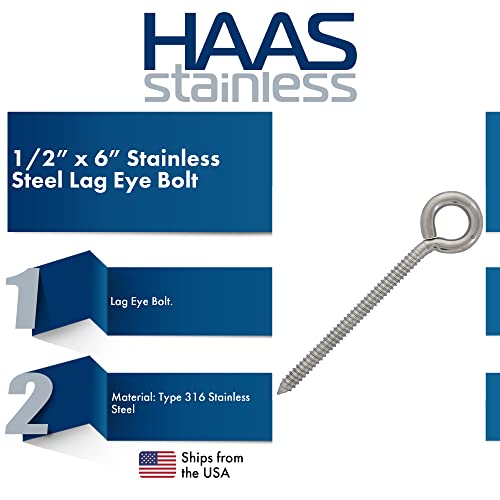 1/2" x 6" Stainless Steel Screw Eye - Heavy-Duty Lag Screws for Secure Installations, DIY Projects, Hanging and Anchoring