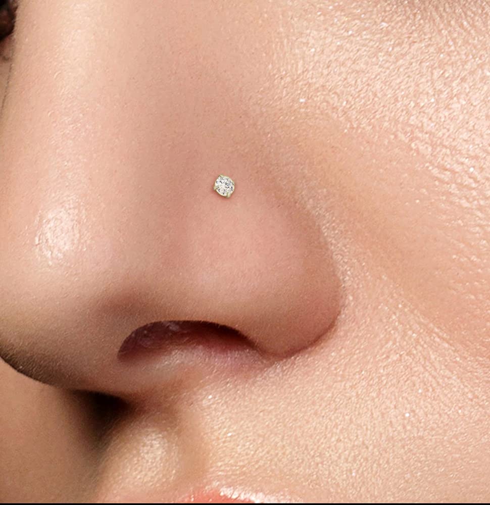 1.5mm Round Cz Gemstne 22 Gauge 9K Solid Yellow Gold L-Shaped Jeweled Nose Stud Piercing Jewelry