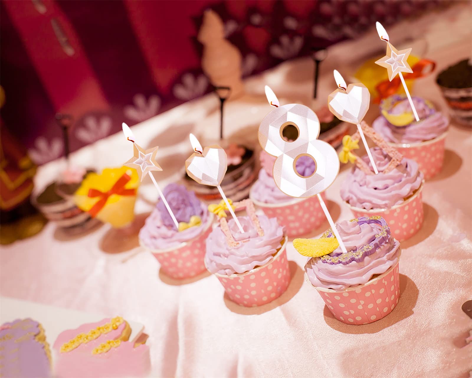 Pink Number 4 Candles and Star Heart Candles 2.76 inch Number Candles for Birthday Cakes 3D Diamond Shaped for Cake Decorations(Pink Candle 4)