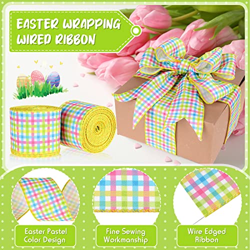 2 Roll 20 Yard Easter Spring Pastel Wired Ribbon, Gingham Ribbon Pink Blue Yellow Green Ribbon Spring Wired Ribbon for Wreaths Plaid Fabric Ribbons for Baby Shower Craft Decor (2.5 Inch)