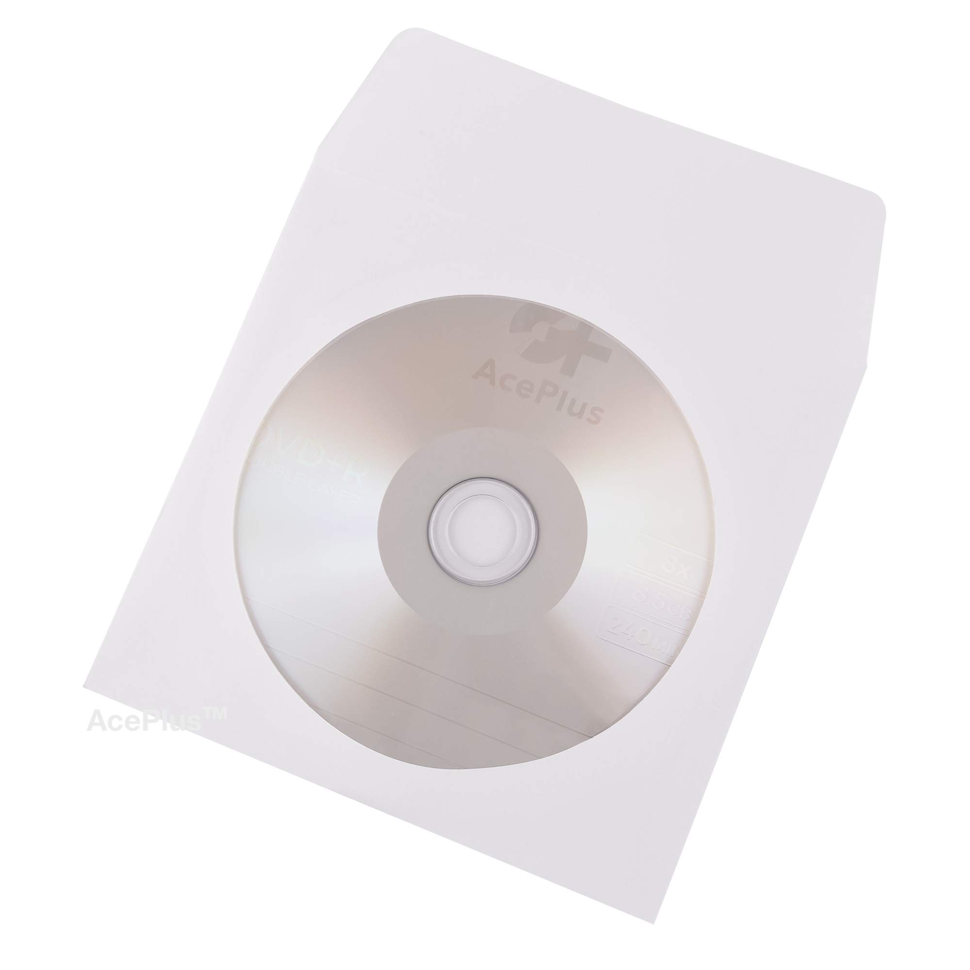 1,000 AcePlus CD/DVD White Paper Sleeves with Clear Window and Flap, Sturdy 100 gram Weight; 1 Box = 10 packs x 100-pk Retail Packaging