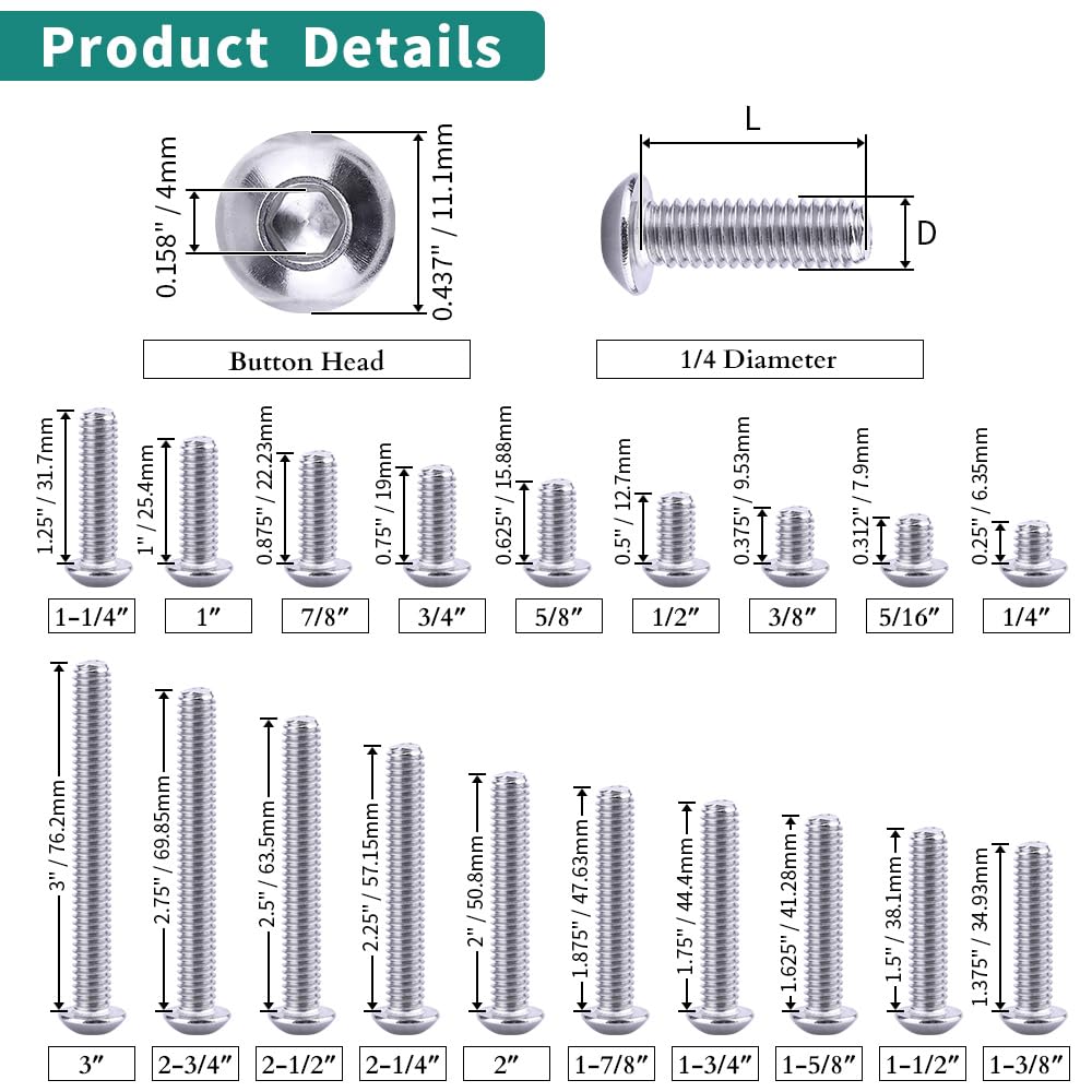 1/4-20 x 1 Button Head Socket Cap Bolts Screws, 304 Stainless Steel 18-8, Allen Hex Drive, Bright Finish, Fully Machine Thread, Pack of 100