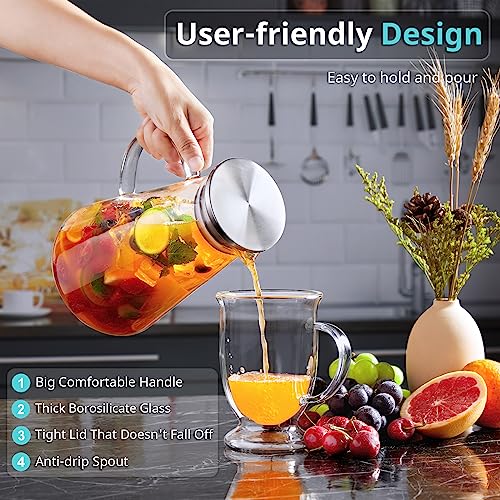 2 Liter 68 oz Glass Pitcher with Lid, Bivvclaz Glass Water Pitcher for Fridge, Glass Water Carafe for Hot/Cold Beverage, Iced Tea Pitcher, Large Pitcher for Coffee, Juice, Easy Clean Glass Jug