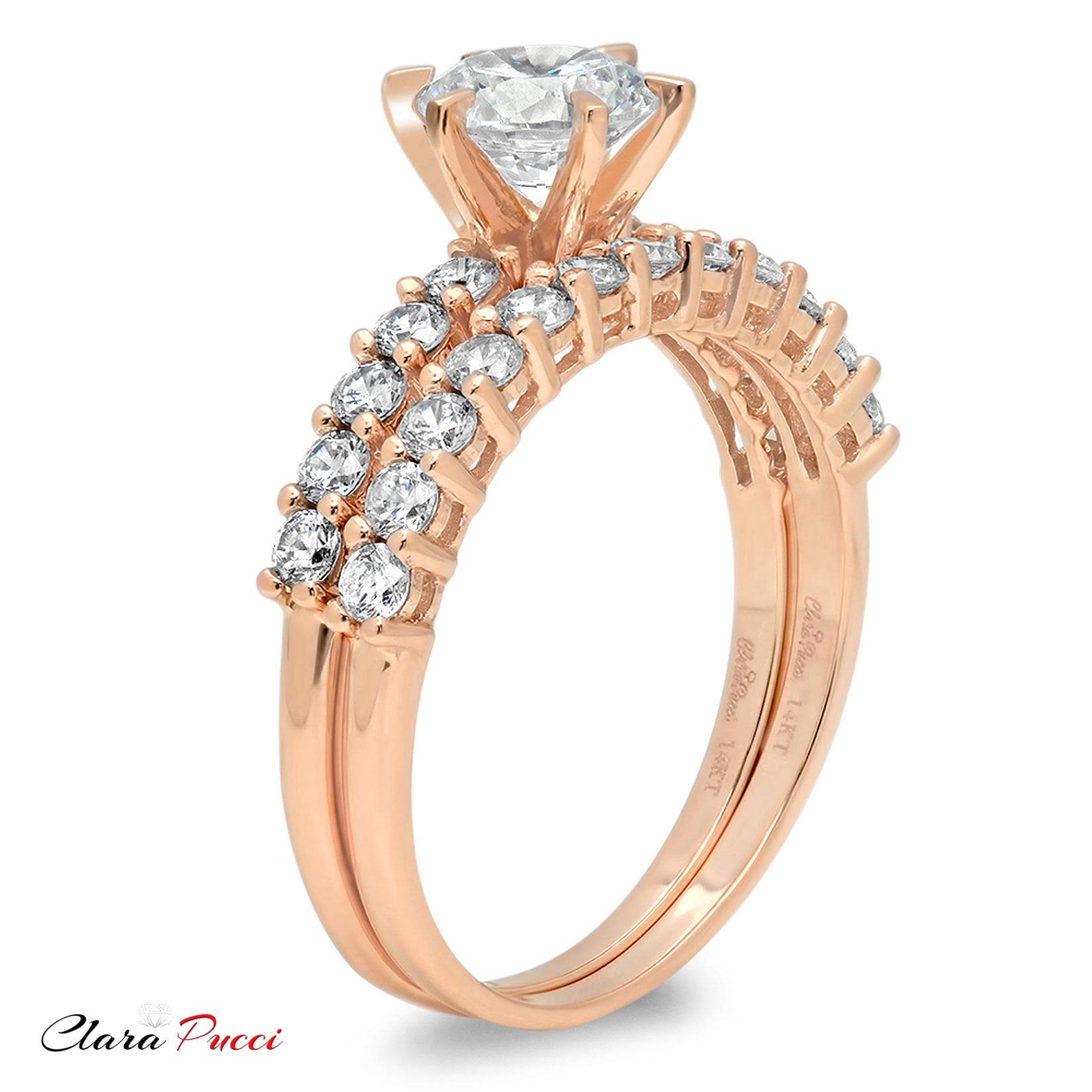 1.66 ct Round Cut Clear Simulated Diamond 14k Rose Gold Solitaire W/Accents Wedding Engagement Bridal Ring Band Set Sz 7