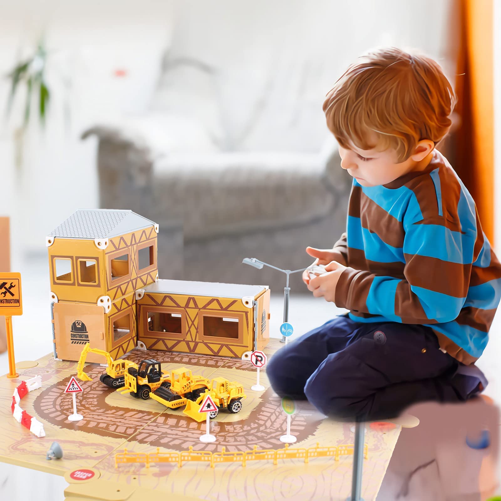 136PCS Construction Site Toy Vehicle Set, STEM Building Toys with Play Mat for Kids Boys, DIY Engineering Project Kits with Playmat, Best Toy Gift for 4 5 6 7 8 9 10 Years Old