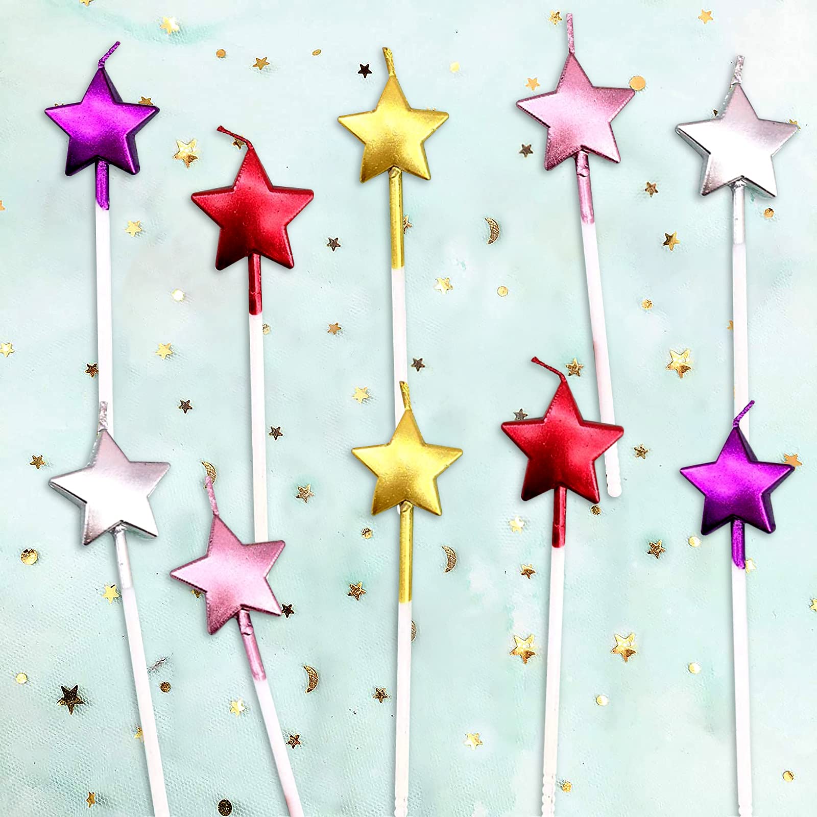 10 Cute Heart Shaped and Star Birthday Candles Multi Color Cake Candle Toppers for Party Wedding Cake Decoration Supplies Cute Birthday Decorations (Classic, Star)
