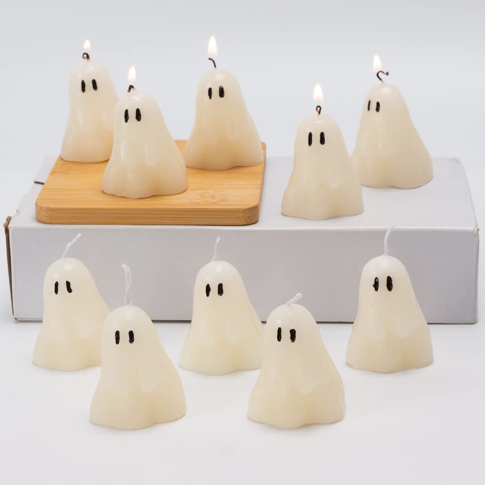 10 Pieces Halloween Ghost Candles Cute Decoration Candles, White Soy Wax Horror Spooky Tea Lights Candles Set Goth Gifts for Ghost Decor Fall Decor Halloween Party Home Bedroom Room Table Decorations