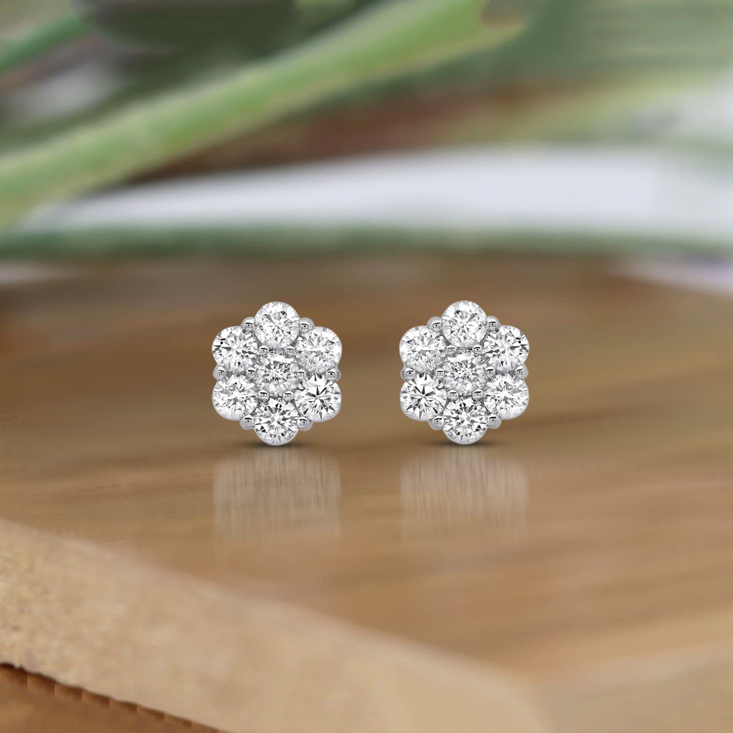 1/4 Carat | 925 Sterling Silver | Lab Grown 7 Stone Floral Diamond Stud Earrings | Round Shape Diamond Prong Setting Friendly Diamonds Earrings | G-H Color, SI1 Clarity