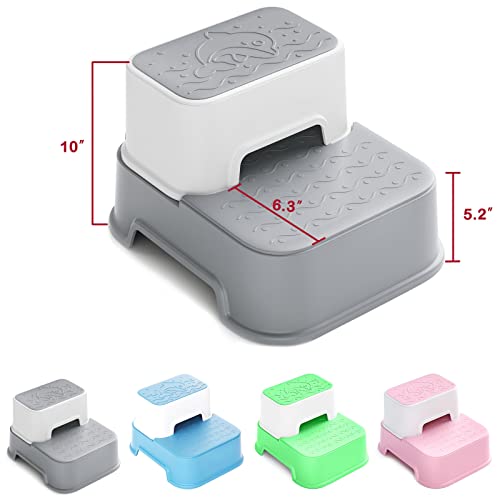 2 Step Stool for Kids (2 Packs),Double up Step Stool for Bathroom,Potty Training,Toilet Stool, Slip Resistant,Two Step Stool for Sink(Grey)