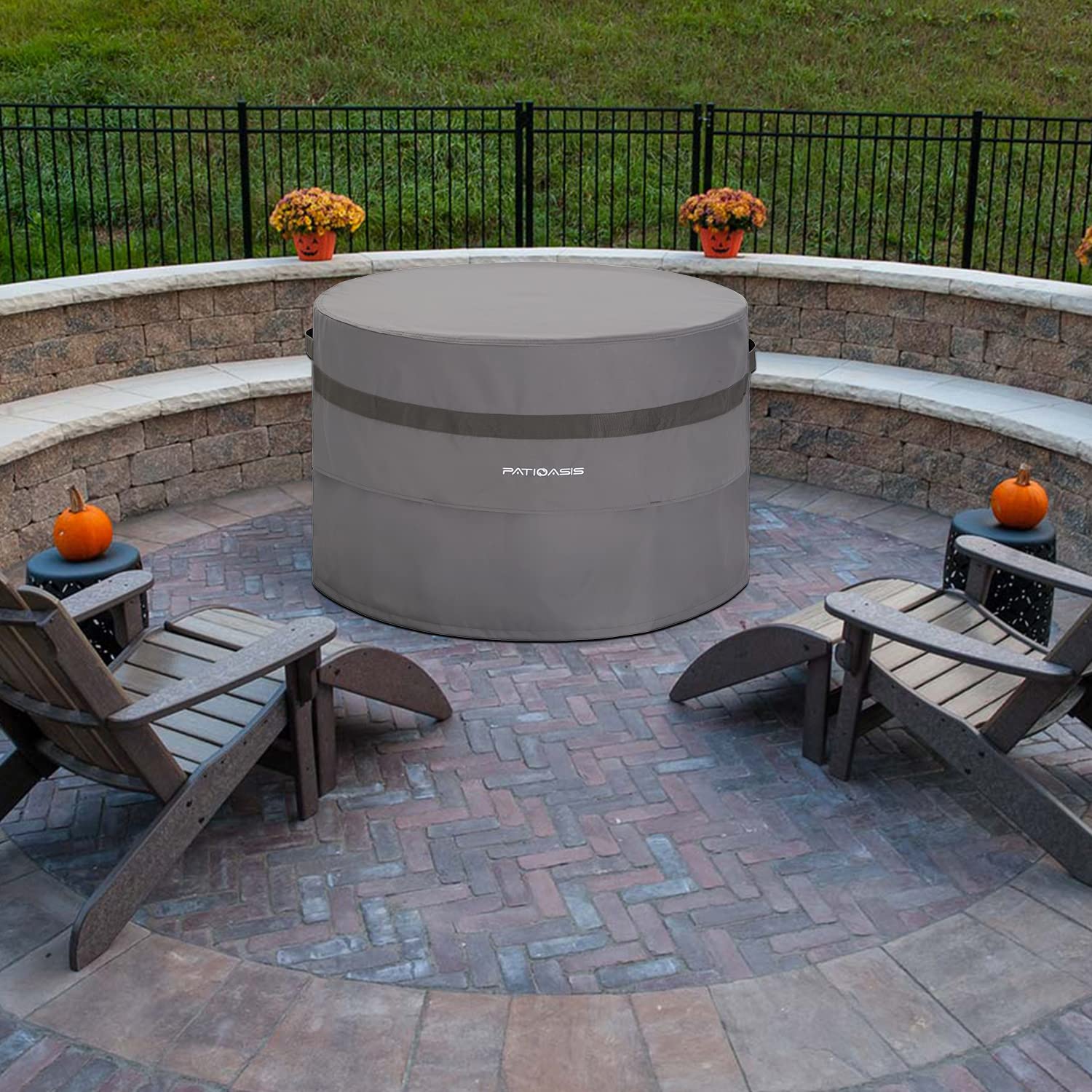 PATIOASIS Waterproof Fire Pit Cover Round 40''d x 24''h Grey UV-Resistant Ripproof Outdoor Furniture Covers for Round Propane Fire Pit