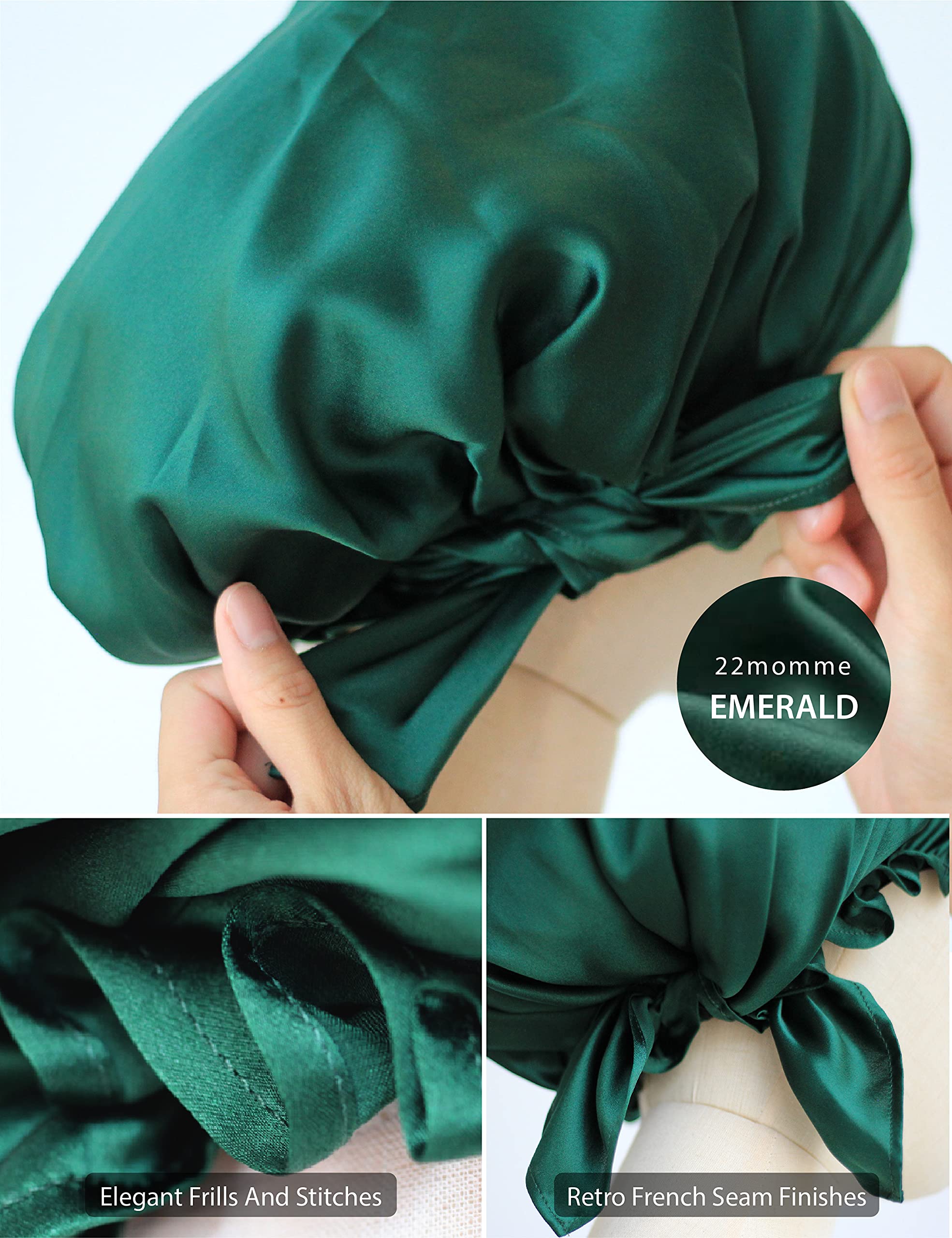 100% Silk Bonnet for Sleeping, Hair Bonnet with Tie Band, Large Silk Sleep Cap for Curly Hair, Silk Hair Wrap for Hair Care, Emerald
