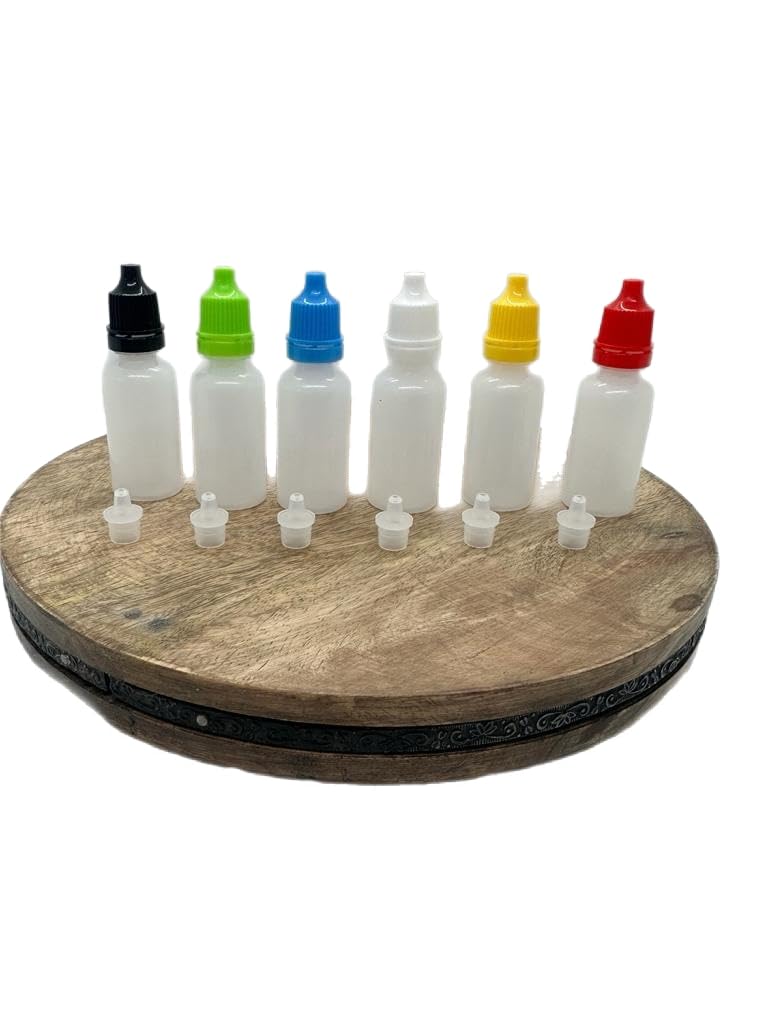 1/2 oz (15ml) LDPE Plastic Thin Tip Dropper Bottles, Small Empty Squeeze Dropper Bottles - Solvents, Essential Oils, Eye drops, Saline, Arts and Crafts -BPA Free -pack of 6 with mixed color caps