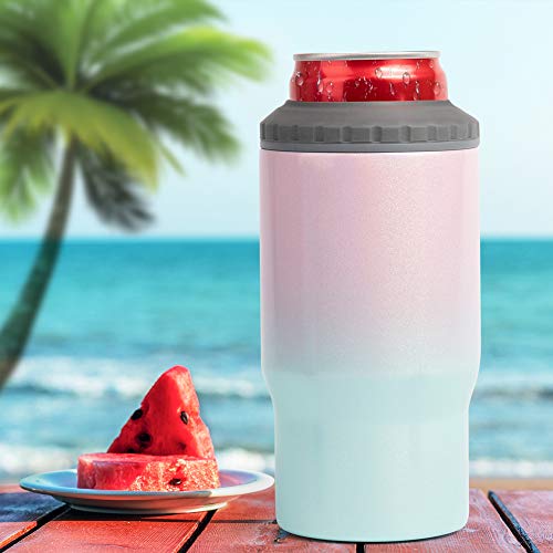 4 in 1 Can Cooler Water Bottle, 12oz Stainless Steel Beer Bottle with Straw Fits Slim Skinny Bottle & Can, Non-Slip | Pink