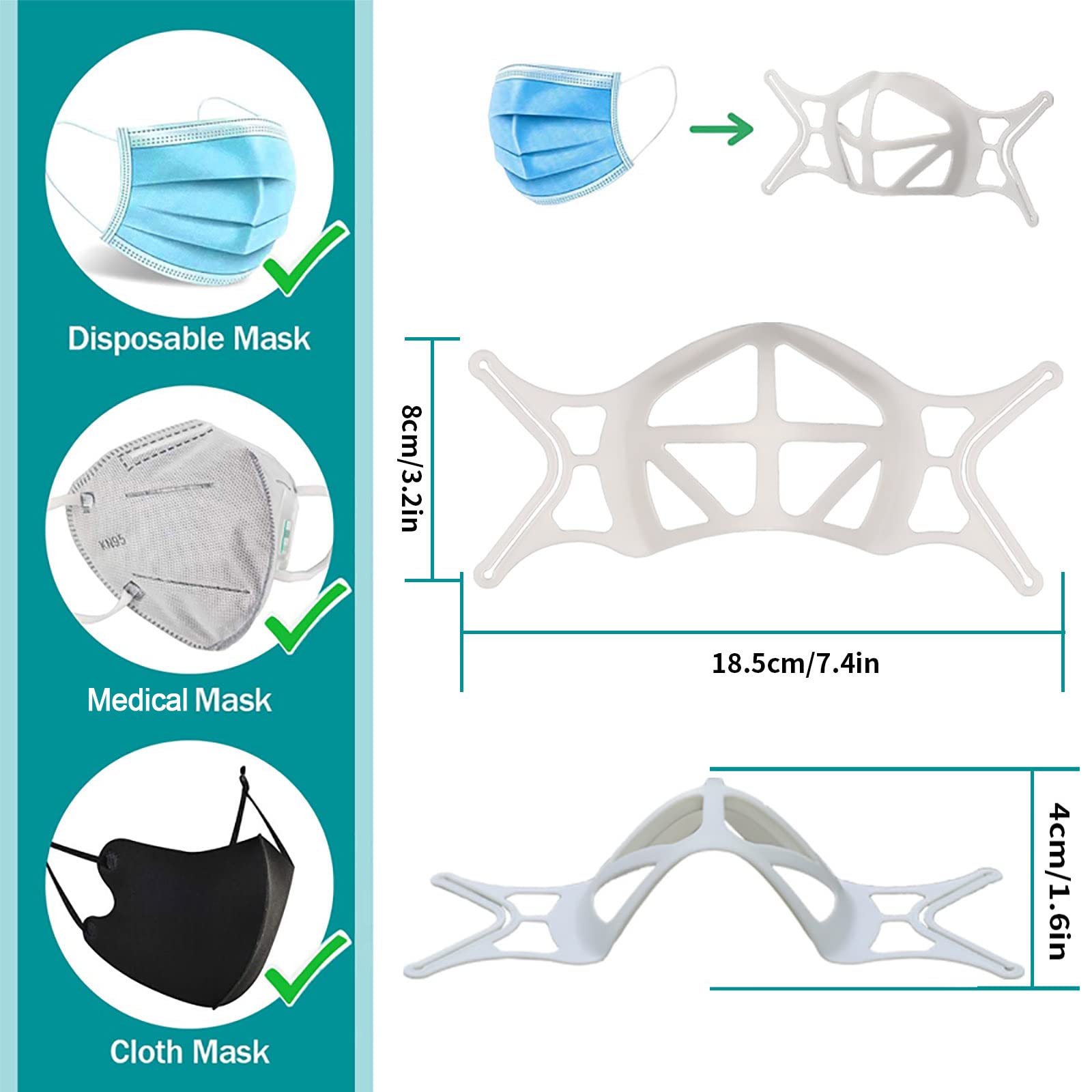 Upgraded 3D Silicone Face Mask Bracket with Earloops,Breathe Cup Turtle Shape,Cool Insert for More Breathing Room,Inner Support Frame,Breathable Spacer Keep Fabric Off,Lipstick Protector(Black,5PCS)