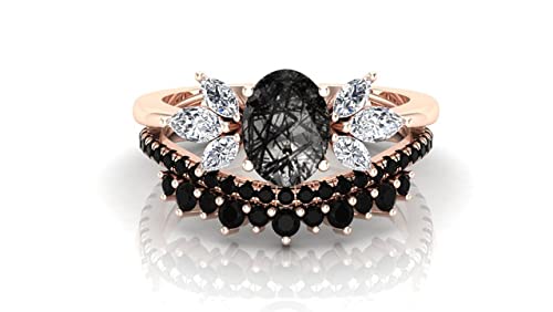 1.75 ct Oval Cut Black Rutilated Quartz Engagement Ring Set Bridal Rings 14K Rose Gold Over