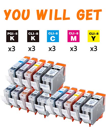 15-Pack Compatible PGI5 CLI8 PGI-5 CLI-8 Ink Cartridge Used for Canon PIXMA IP4300 IP4500 IP5200 IP6600D MP600 Pro9000 Printer (3X Big BK, 3X Small BK, 3X Cyan, 3X Magenta, 3X Yellow), by EasyPrint