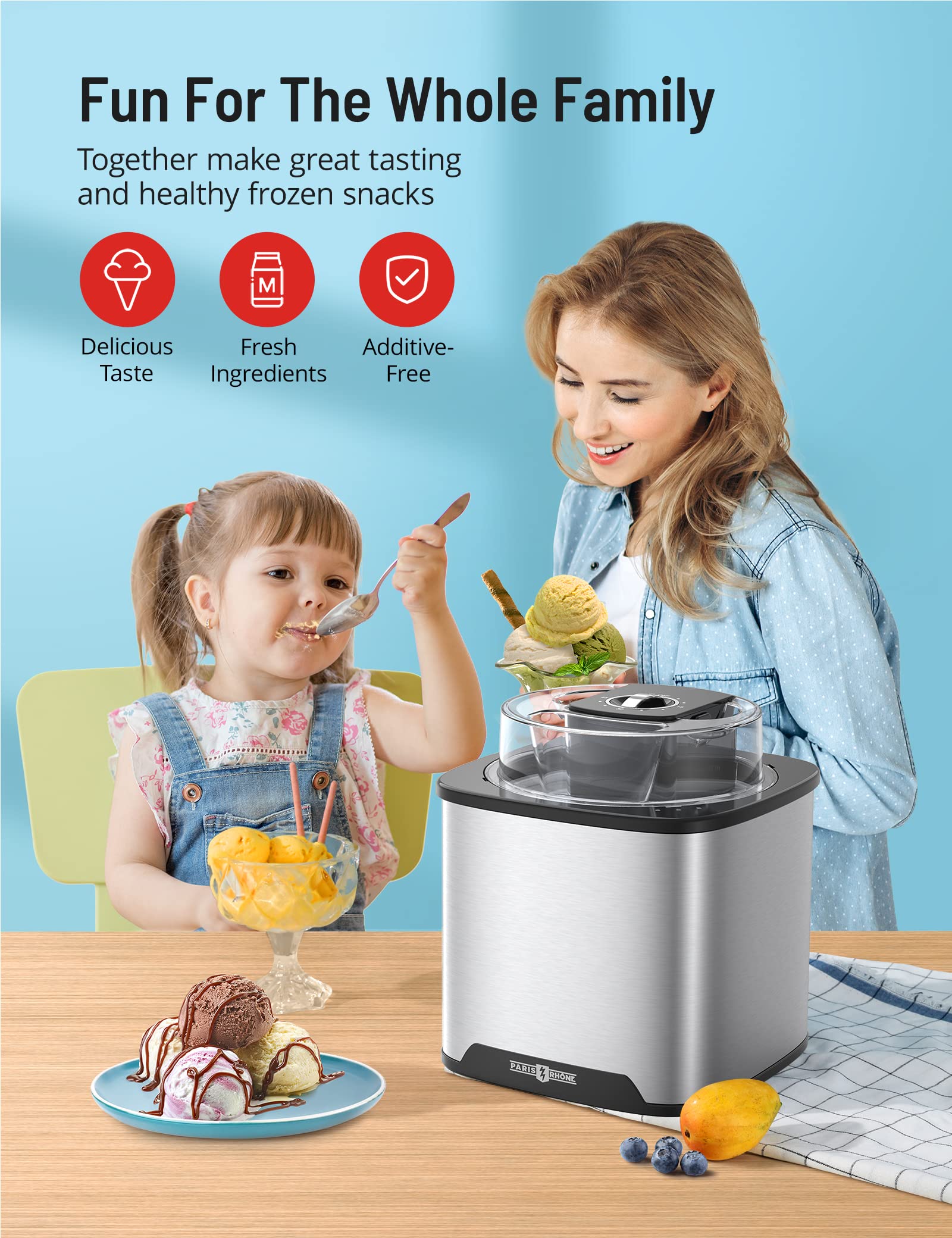 2.1 Quart Ice Cream Maker, Paris Rhône Automatic Homemade Electric Ice Cream Maker Machine for Countertops with Freezer Bowl, Spatula, Scoop, Measuring Cup for Frozen Yogurt, Creamy Ice Cream,