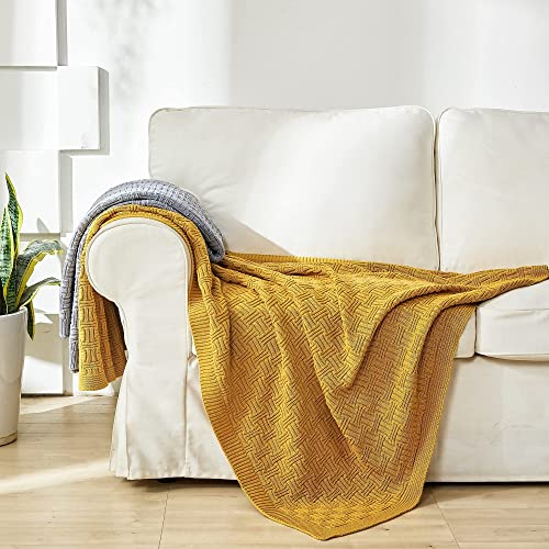 100% Cotton Navy Blue Cable Knit Throw Blanket with Bonus Laundering Bag - Large Thick, 2.5 Pounds,Extra Cozy, Machine Washable, Comfortable Home Decor (Mustard Yellow Stripe Pattern, 60"x80")