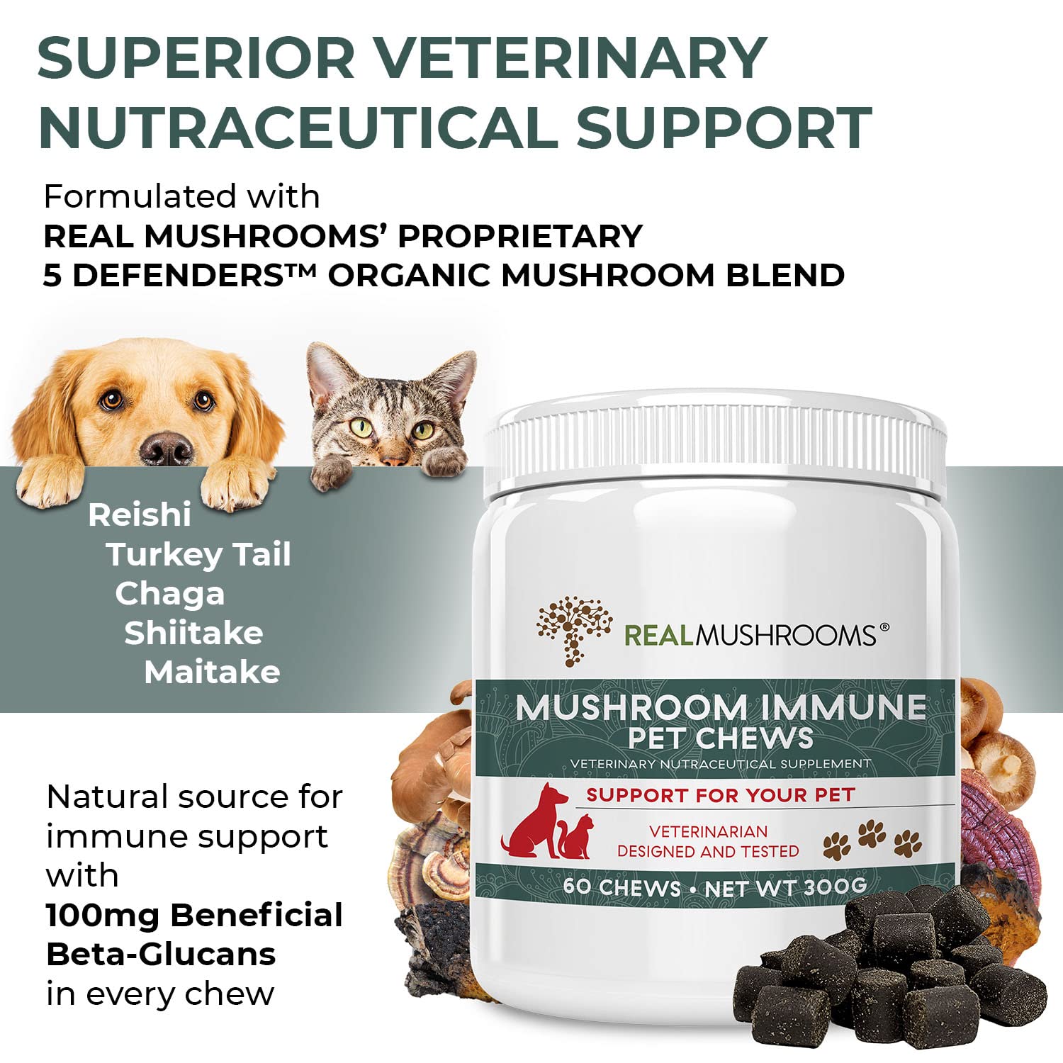 Real Mushrooms Immune Pet Chews (60ct) & Relax Pet Chews (60ct) - Bundle for Immunity, Relaxation & Longevity - Reishi, Lion’s Mane, Ashwagandha, Astragalus & More - Vegan, Non-GMO, Gluten-Free