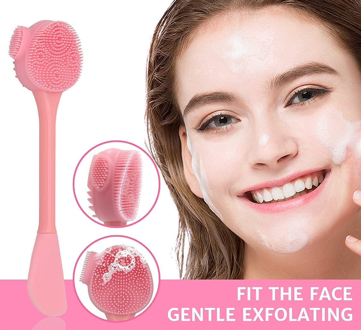 2 Pack Silicone Face Scrubber, 4 in 1 Facial Cleansing Brush, Handheld Face Wash Brush for Pore Cleansing, Gentle Exfoliating, Removing Blackhead, Blue and Pink