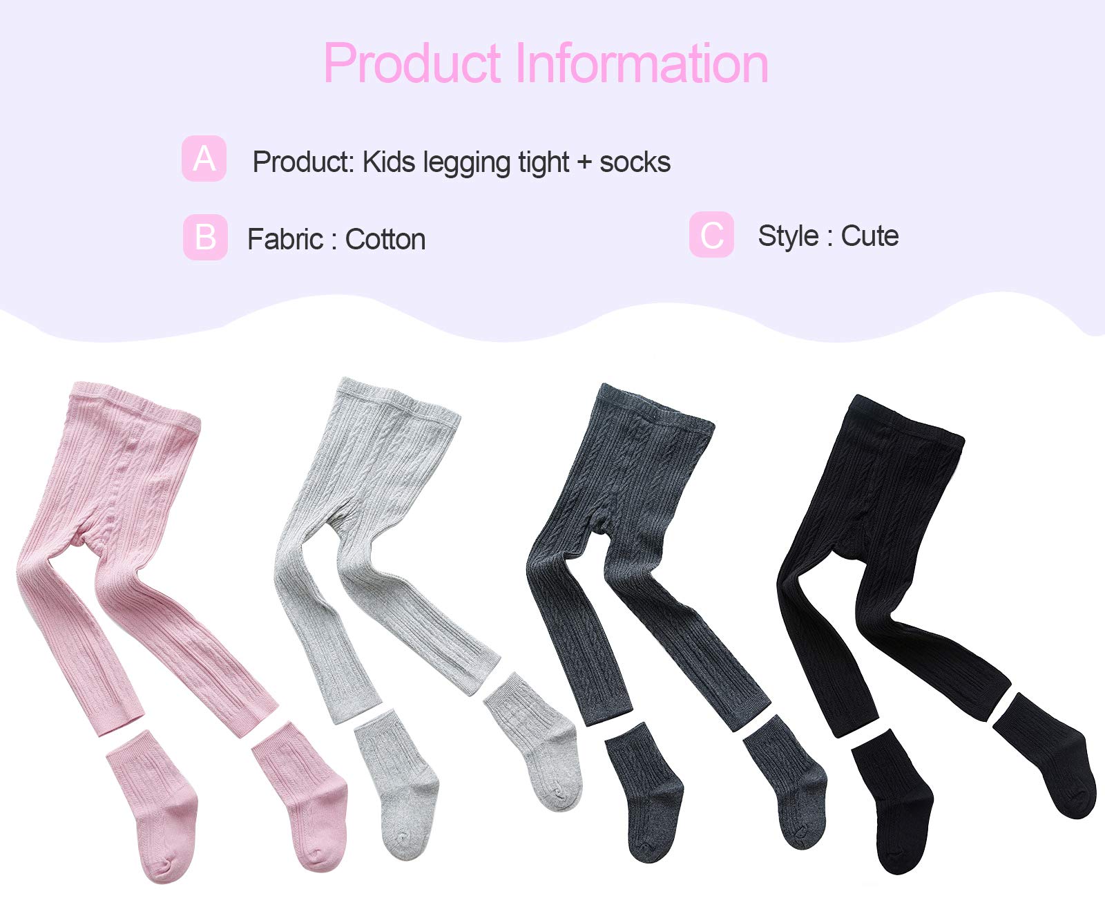 Auranso Girls Leggings 4Pack Knit Tights Pink-Grey-Dark Grey-Black 6-8 Years