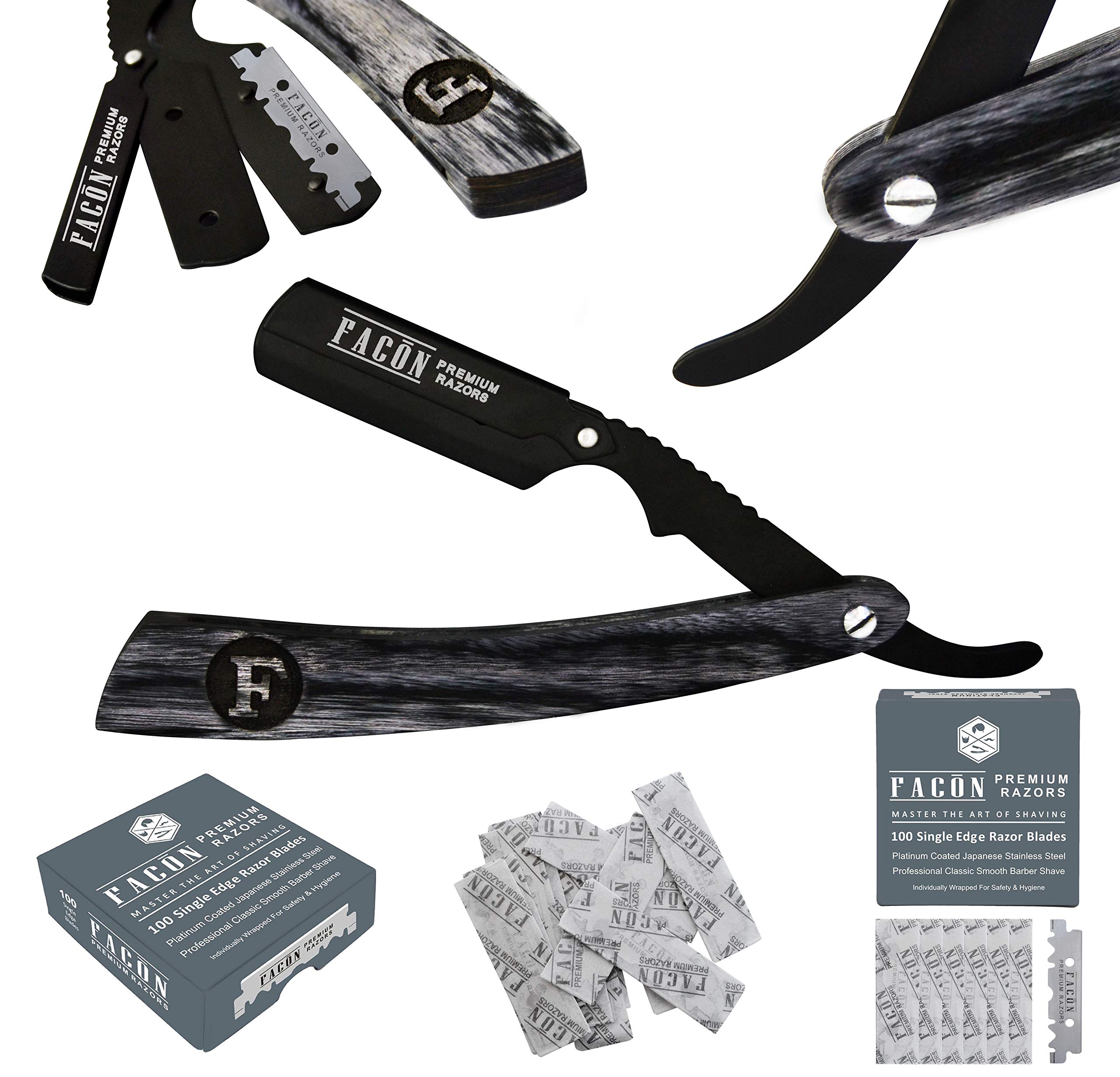 100 BLADES + Facón Professional Wooden Straight Edge Barber Razor - Salon Quality Cut Throat Shavette