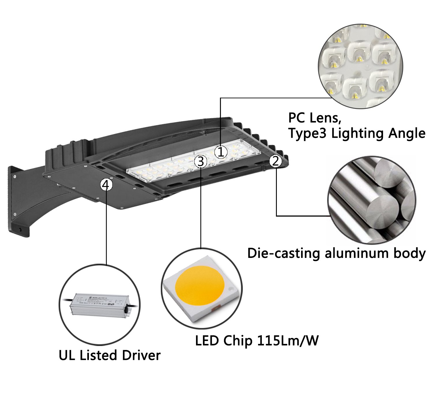 1000LED LED Shoebox Pole Light, 100W (300W Eq.) 12,000Lm, Street Light, Parking Lot Flood Light, AC110-277V, 5000 Kevin Daylight, Area Light Arm Mounted