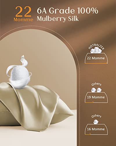 100% Mulberry Silk Pillowcase for Hair and Skin 22 Momme 6A Silk Pillow Case Zippered Soft Smooth Cooling -Standard Size 20"X 26"-with Eye Mask and Laundry Bag, Luxury Gift Set(Beige 1pc)
