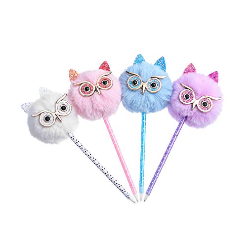 Abhay 4 Pack Owl gift Pen Novelty Pens Colorful Fluffy Ball Pen Pom Pom Pen for Easter and Party Supplies