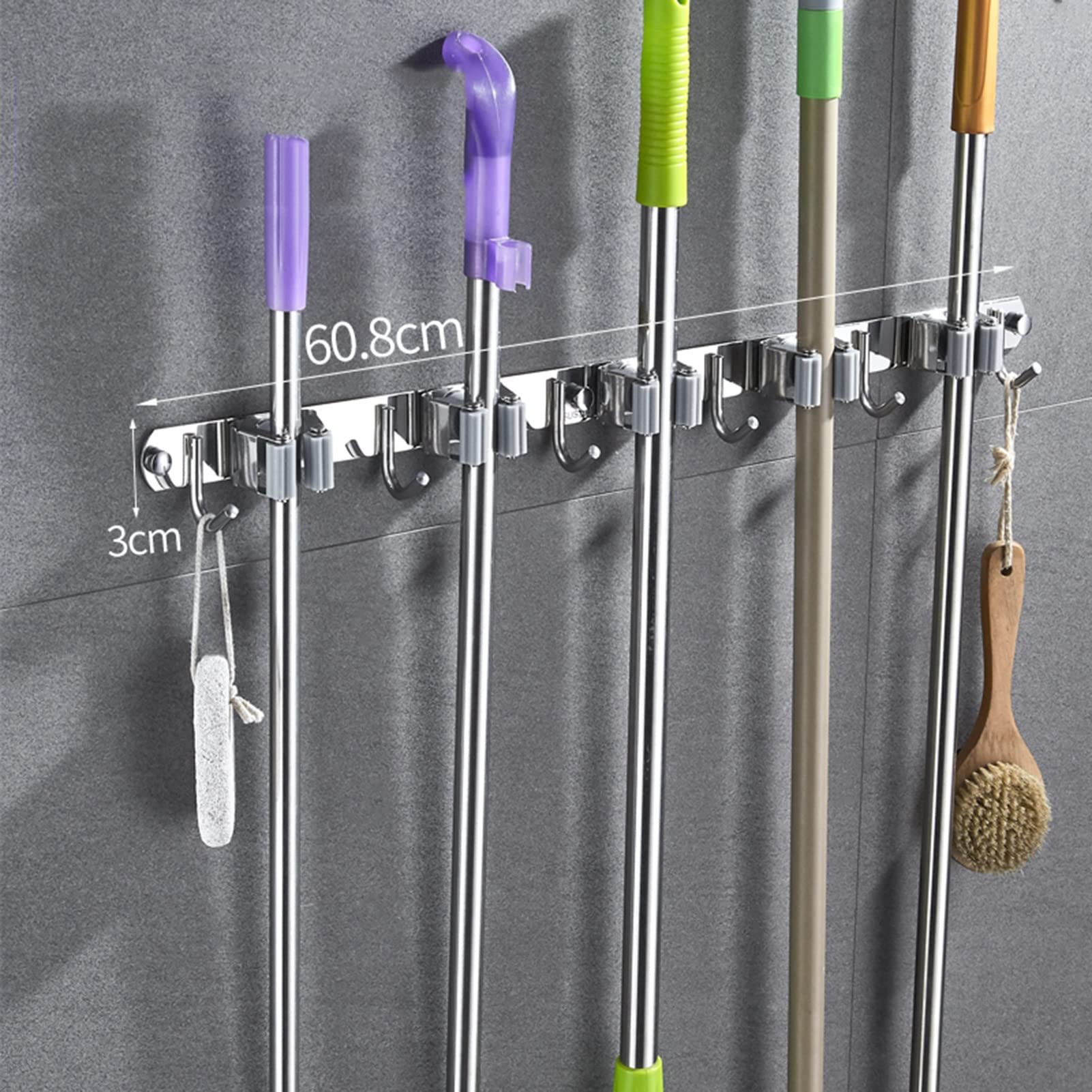 CTVR Wall Mounted Mop Stand, Self Adhesive Broom Holder, Stainless Steel Garden Tool Organizer, Mop Rack, for Bathroom Kitchen, Garage, Laundry
